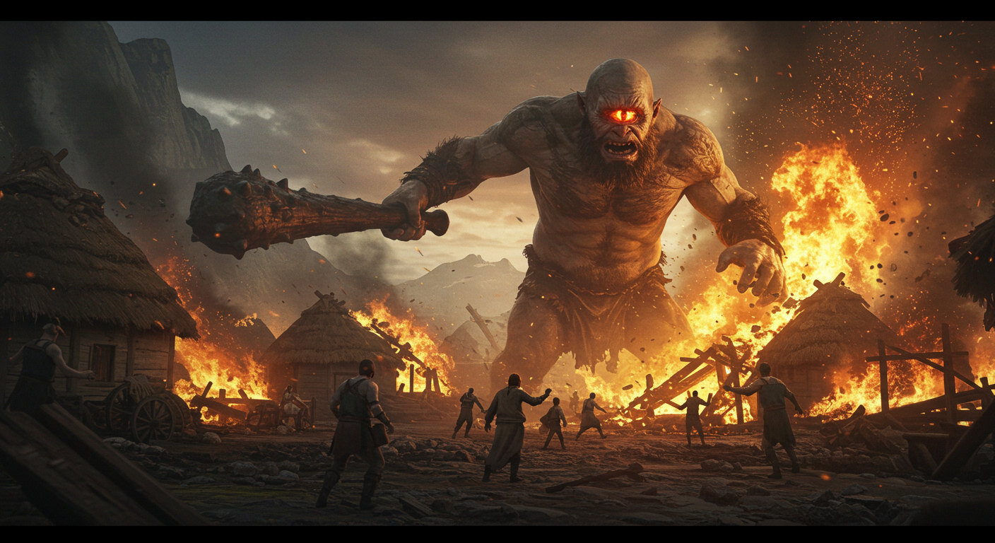 Giant Monster Attacks Village Epic Battle Scene | AI Image